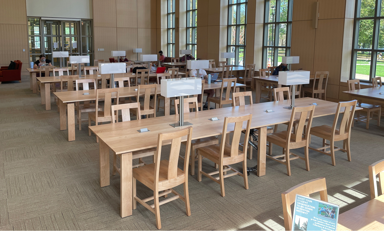 Custom wood library tables with integrated lamp and matching wood pull ...